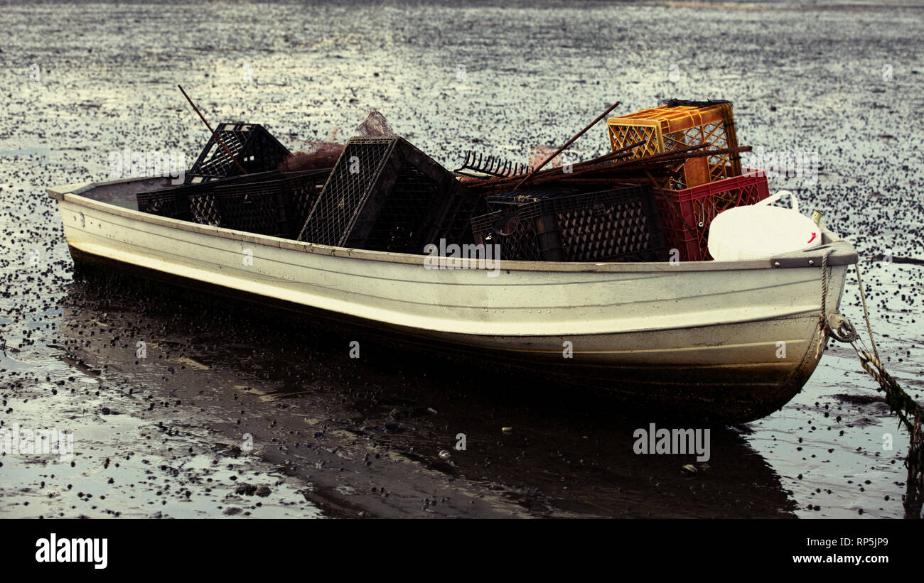 Boat filled with oyster farming tools (rakes and crates) Wellfleet ...