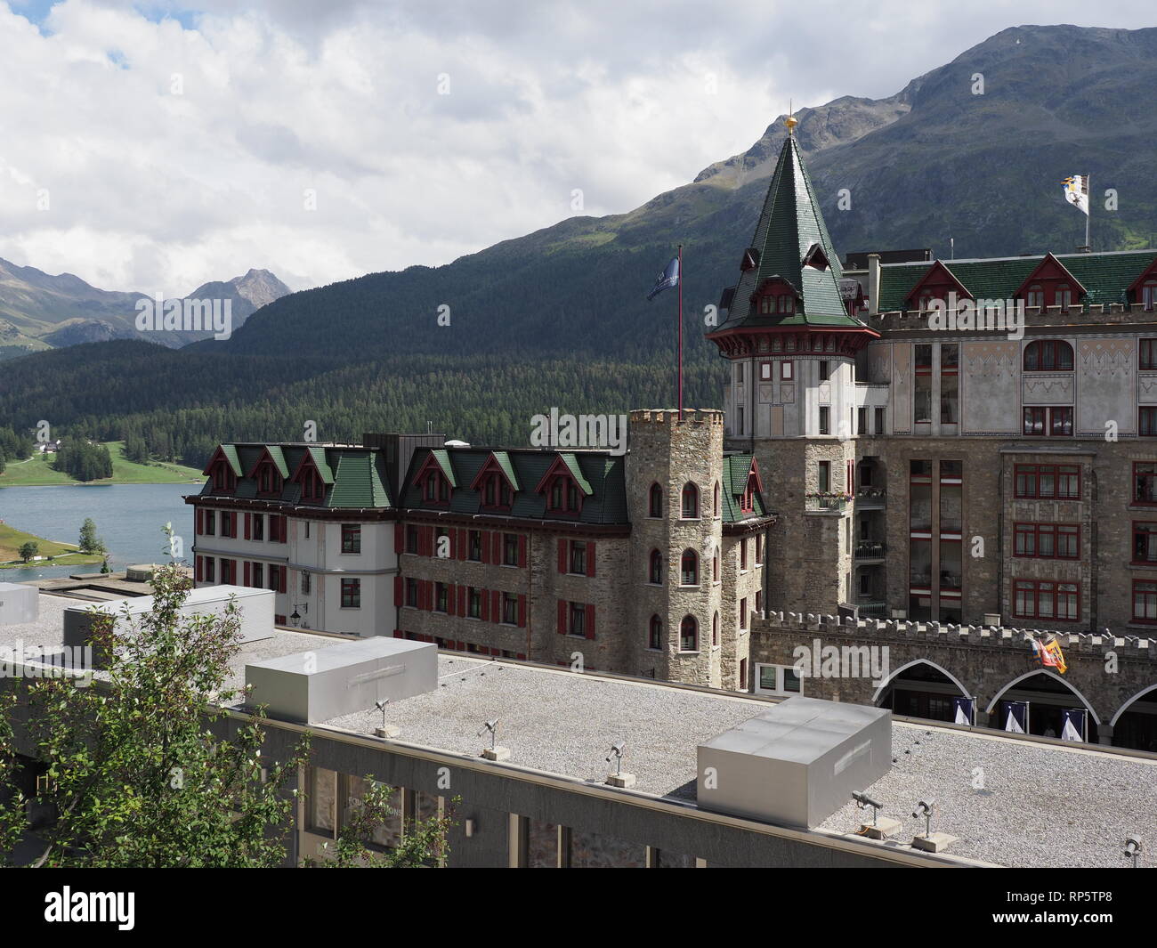 Famous building in european city center of St. Moritz at alpine ...