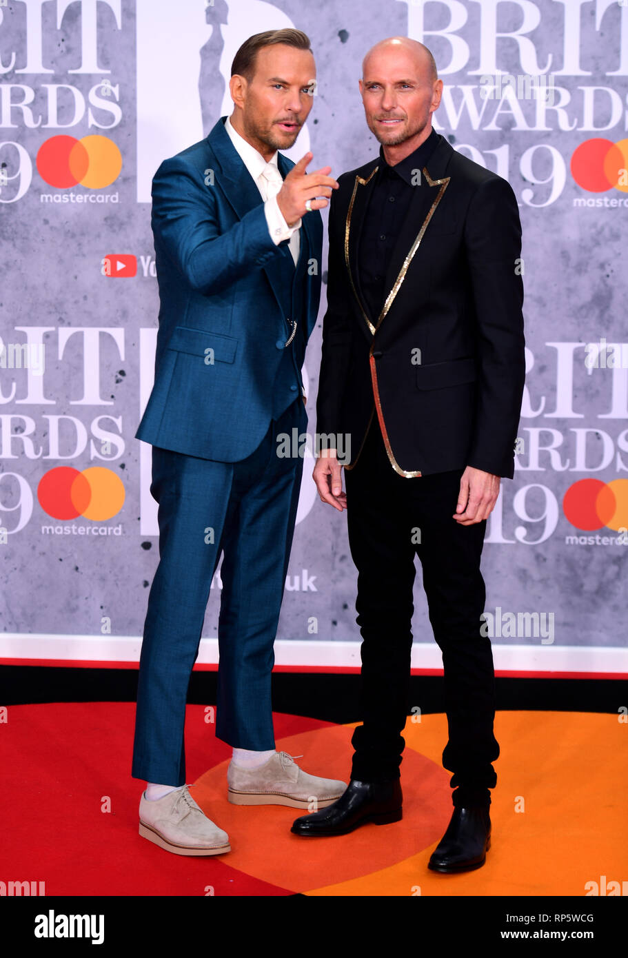 Matt Goss (left) and Luke Goss of Bros attending the Brit Awards 2019 at the O2 Arena, London ...