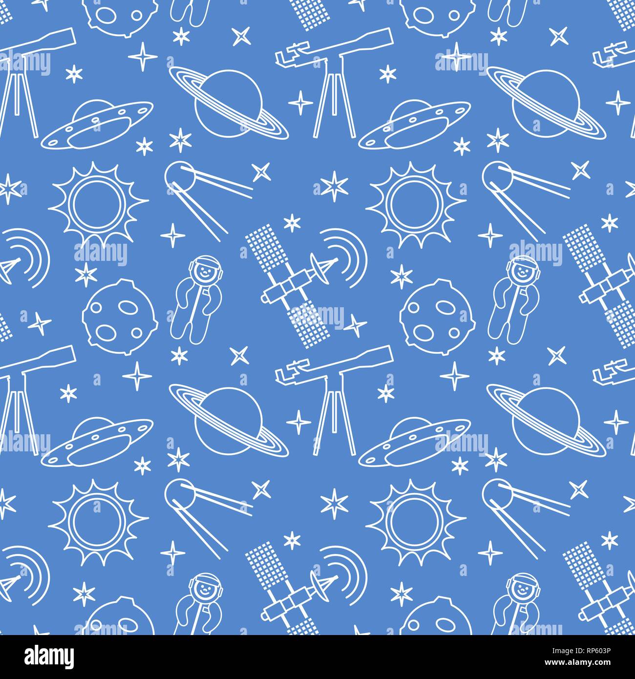 Seamless pattern with telescope, UFO, satellite, planets, astronaut ...