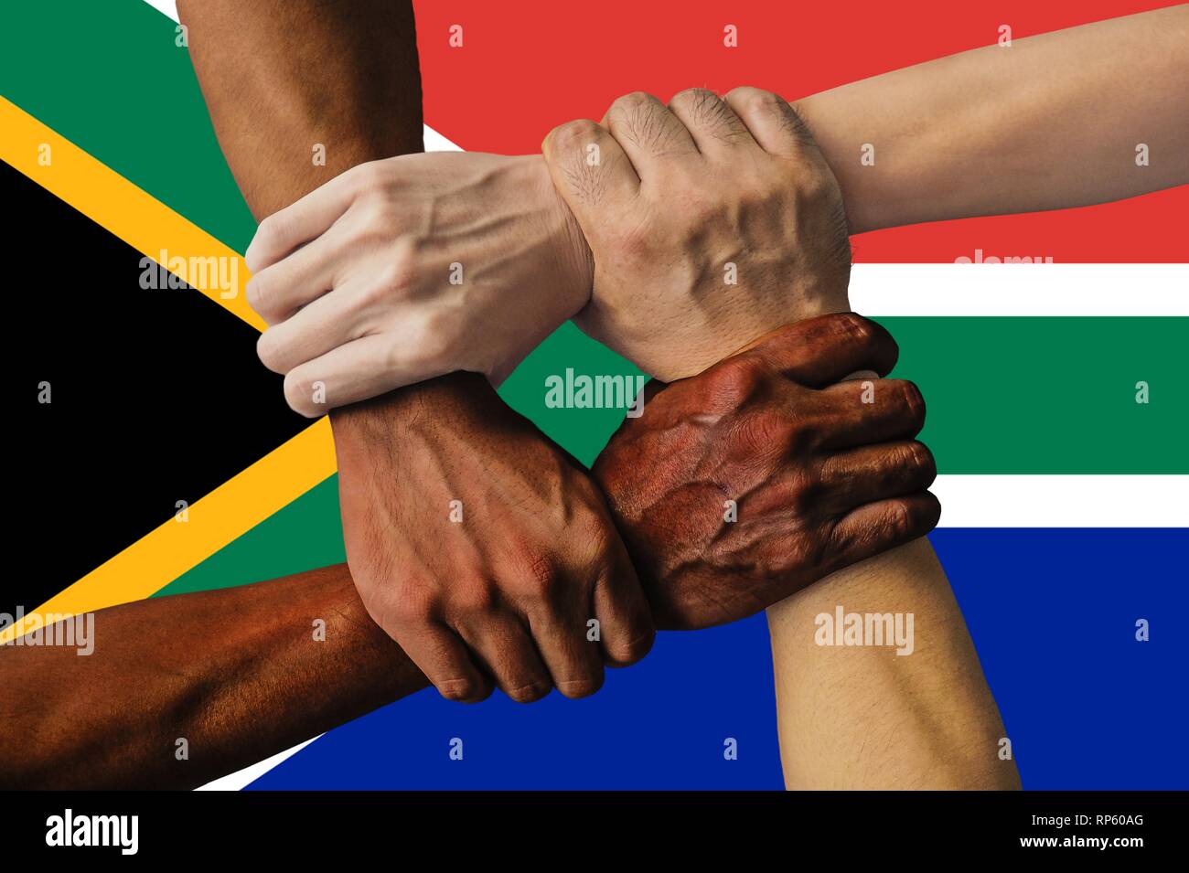 South Africa flag, intergration of a multicultural group of young ...