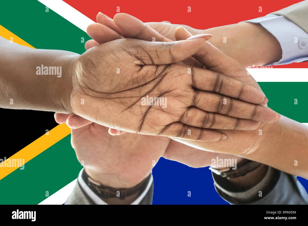 South Africa flag, intergration of a multicultural group of young ...