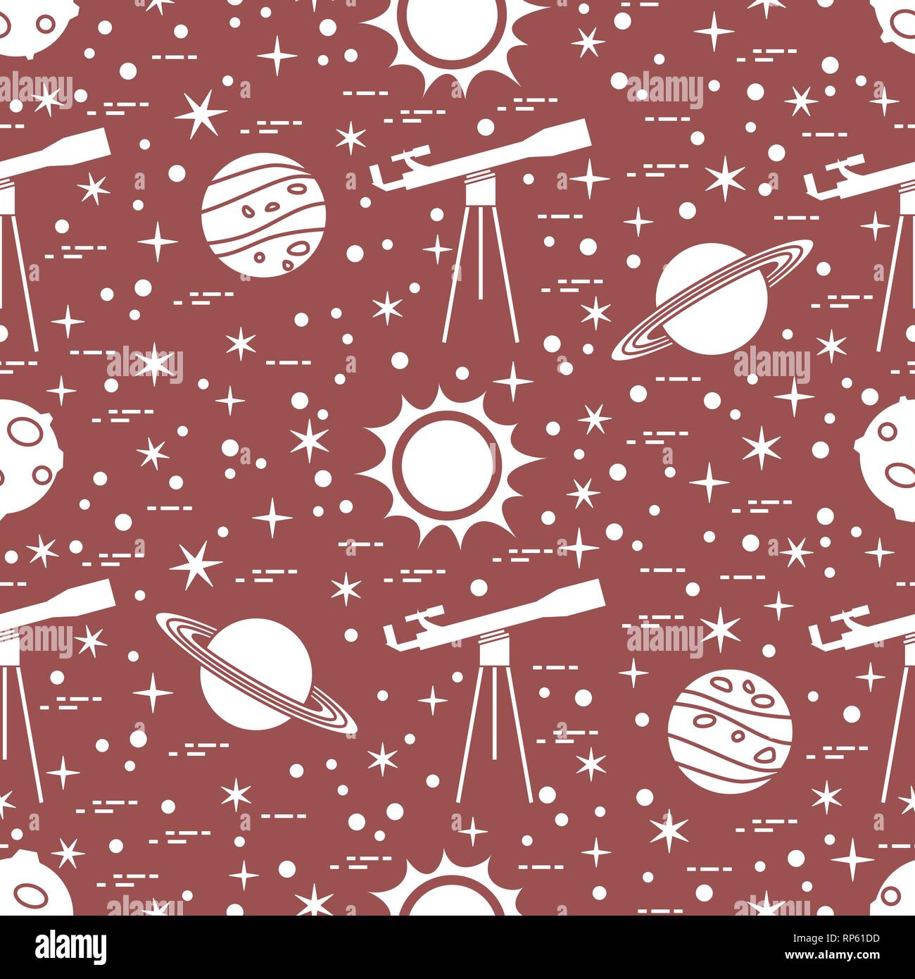 Seamless pattern with telescope, sun, planets, stars. Space exploration ...