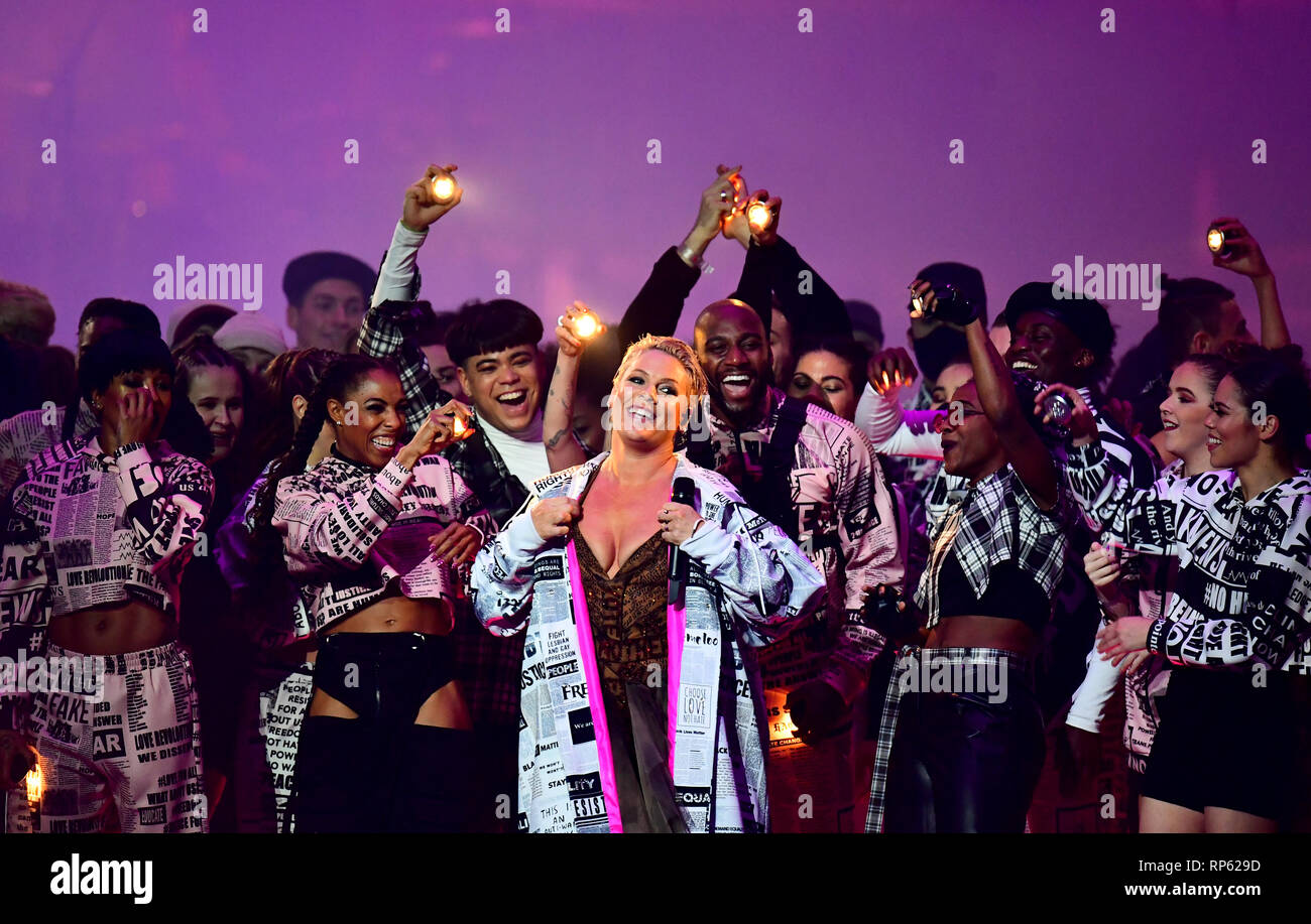 Pink performs on stage at the Brit Awards 2019 at the O2 Arena, London ...