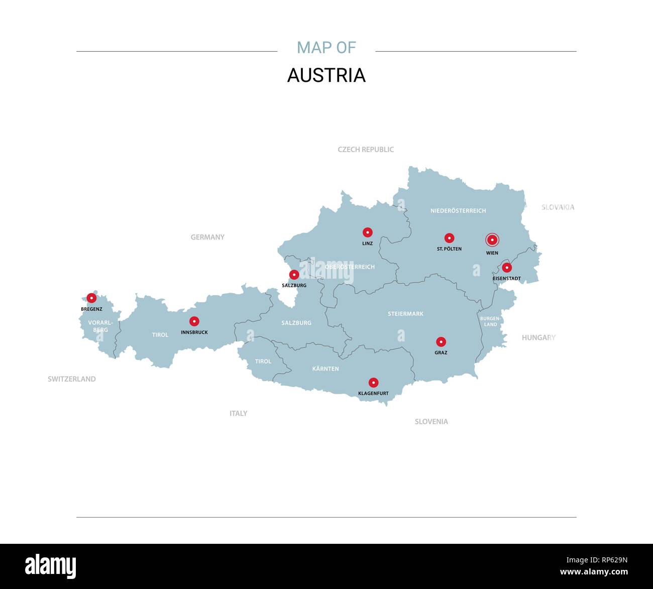 Austria vector map. Editable template with regions, cities, red pins ...