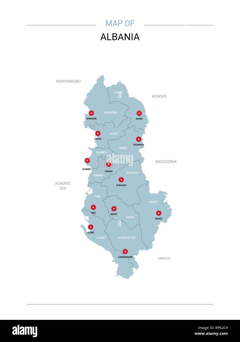Albania vector map. Editable template with regions, cities, red pins ...