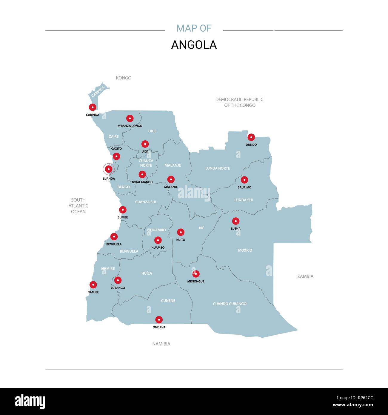Angola vector map. Editable template with regions, cities, red pins and ...