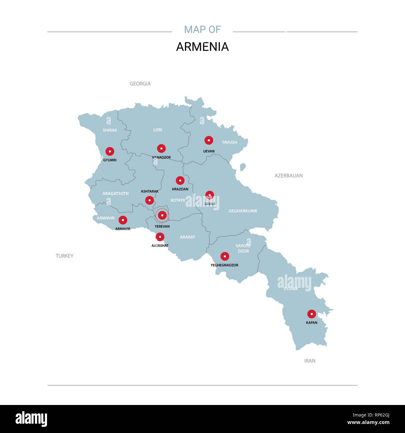 Armenia vector map. Editable template with regions, cities, red pins ...