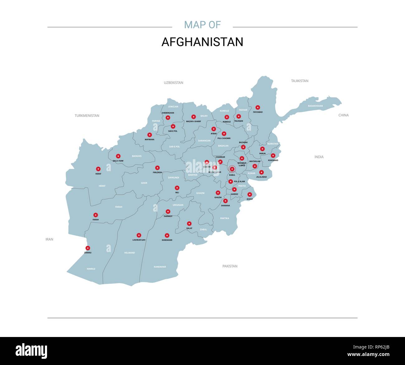 Afghanistan vector map. Editable template with regions, cities, red ...