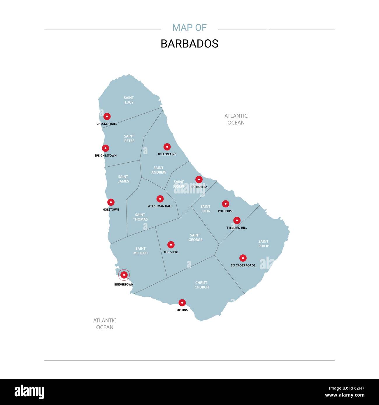 Barbados vector map. Editable template with regions, cities, red pins ...