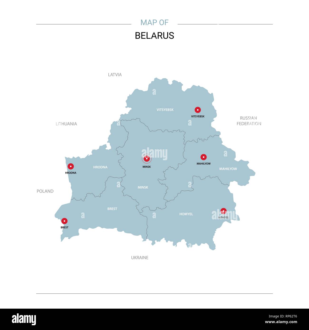 Belarus vector map. Editable template with regions, cities, red pins ...