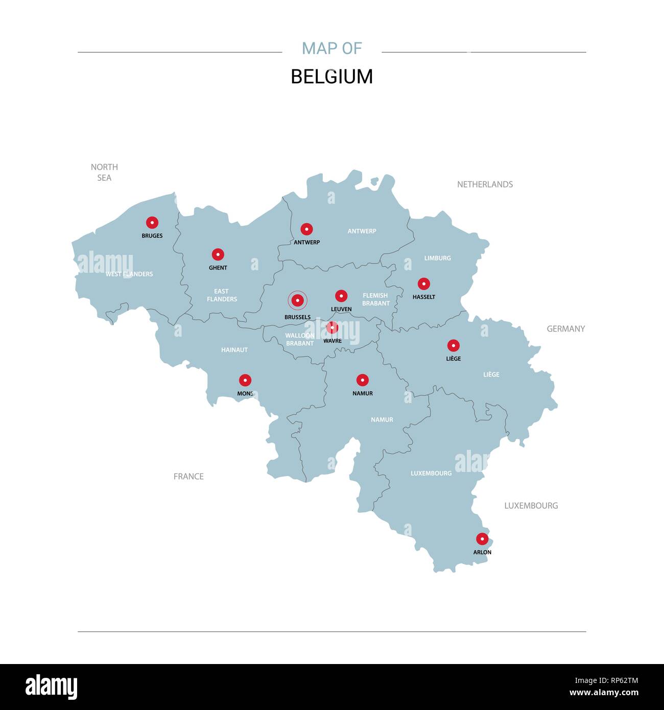 Belgium vector map. Editable template with regions, cities, red pins ...