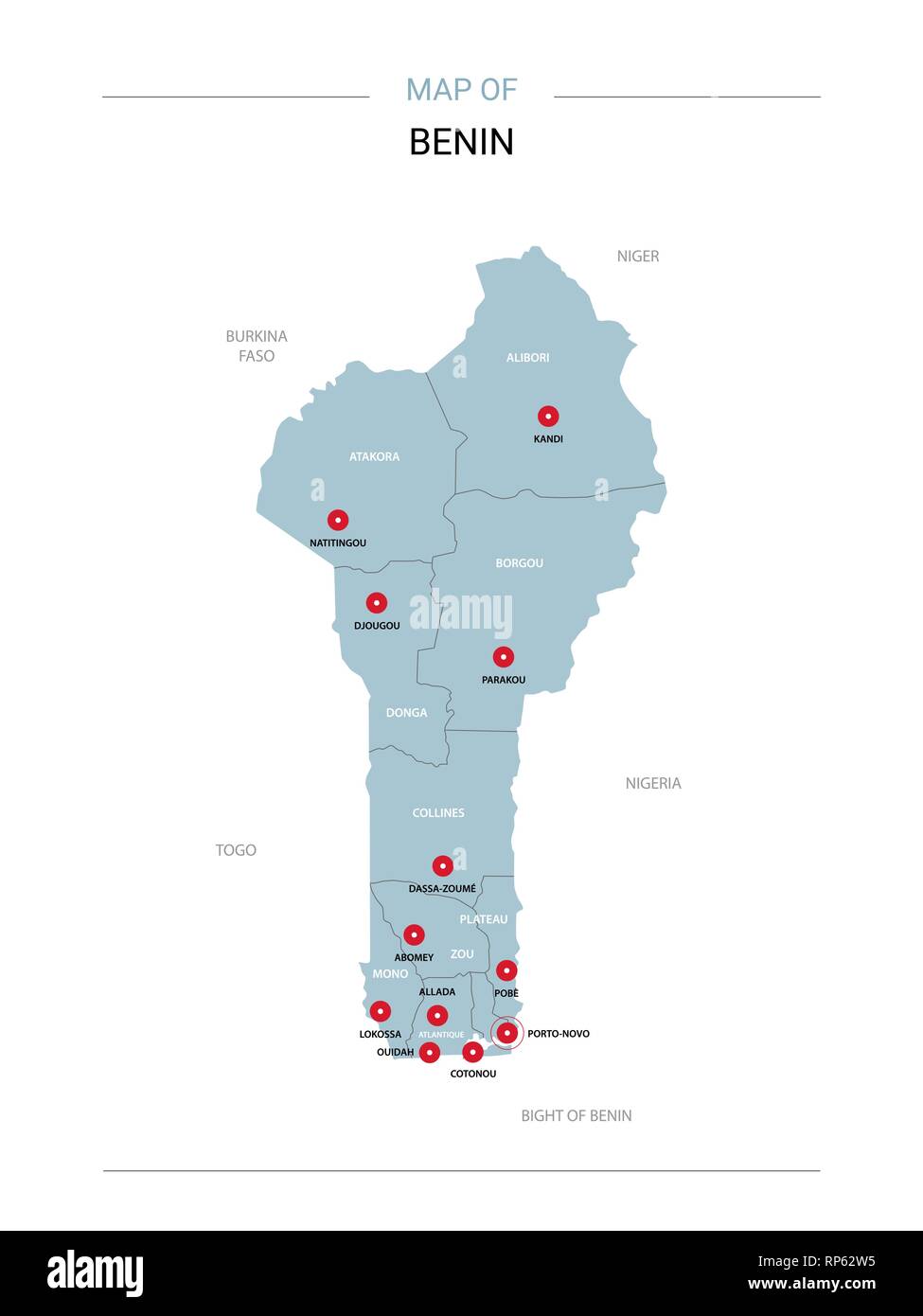 Benin vector map. Editable template with regions, cities, red pins and ...