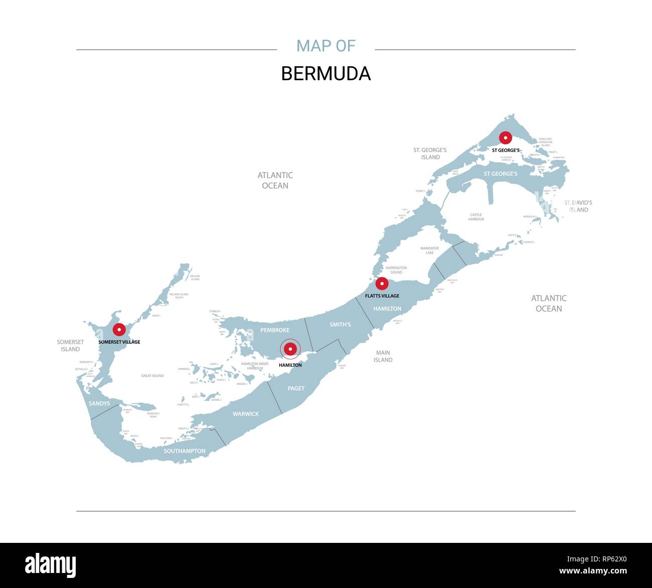 Bermuda vector map. Editable template with regions, cities, red pins ...