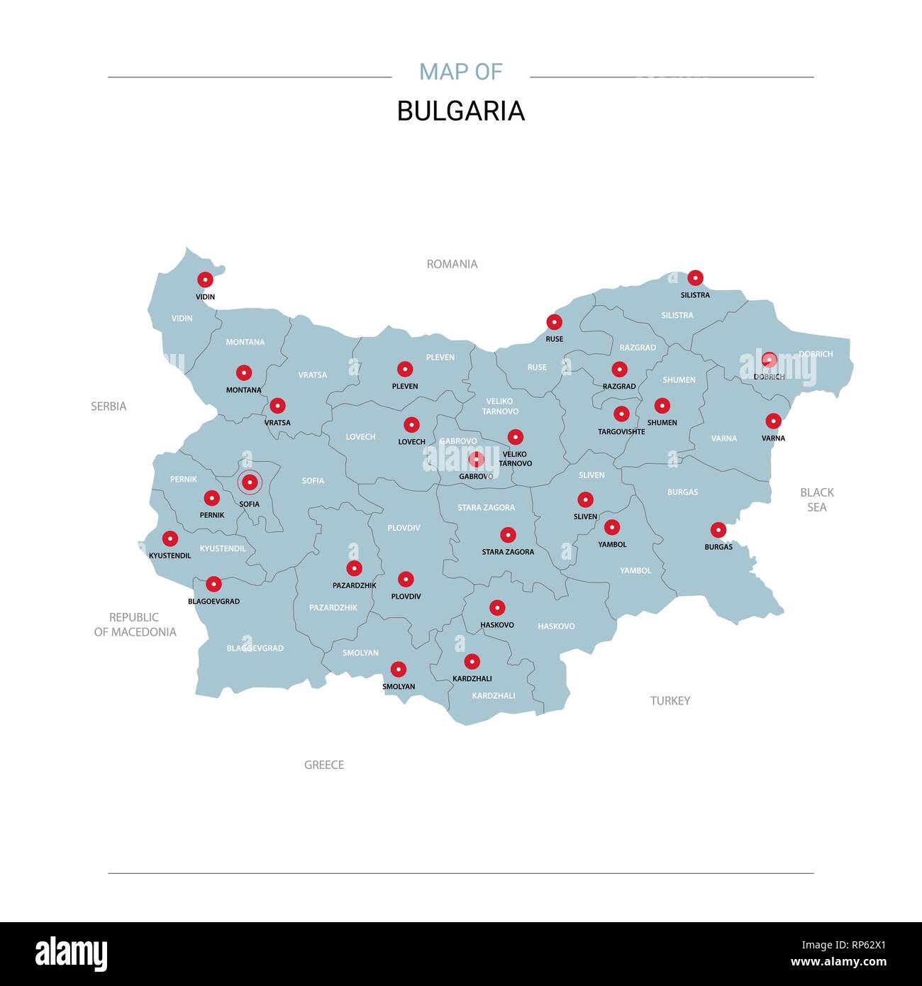 Bulgaria Vector Map Editable Template With Regions Cities Red Pins
