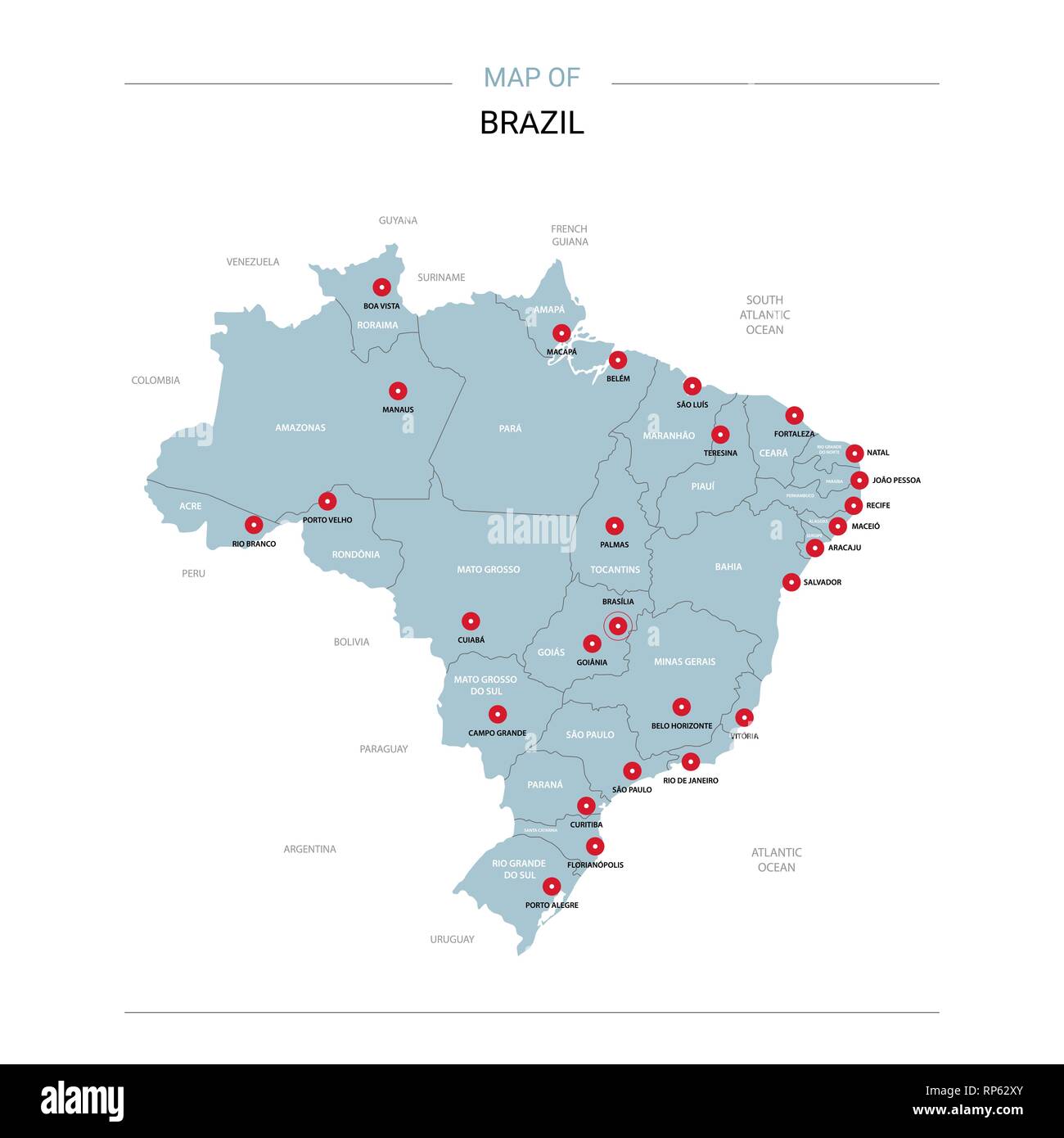 Brazil vector map. Editable template with regions, cities, red pins and ...