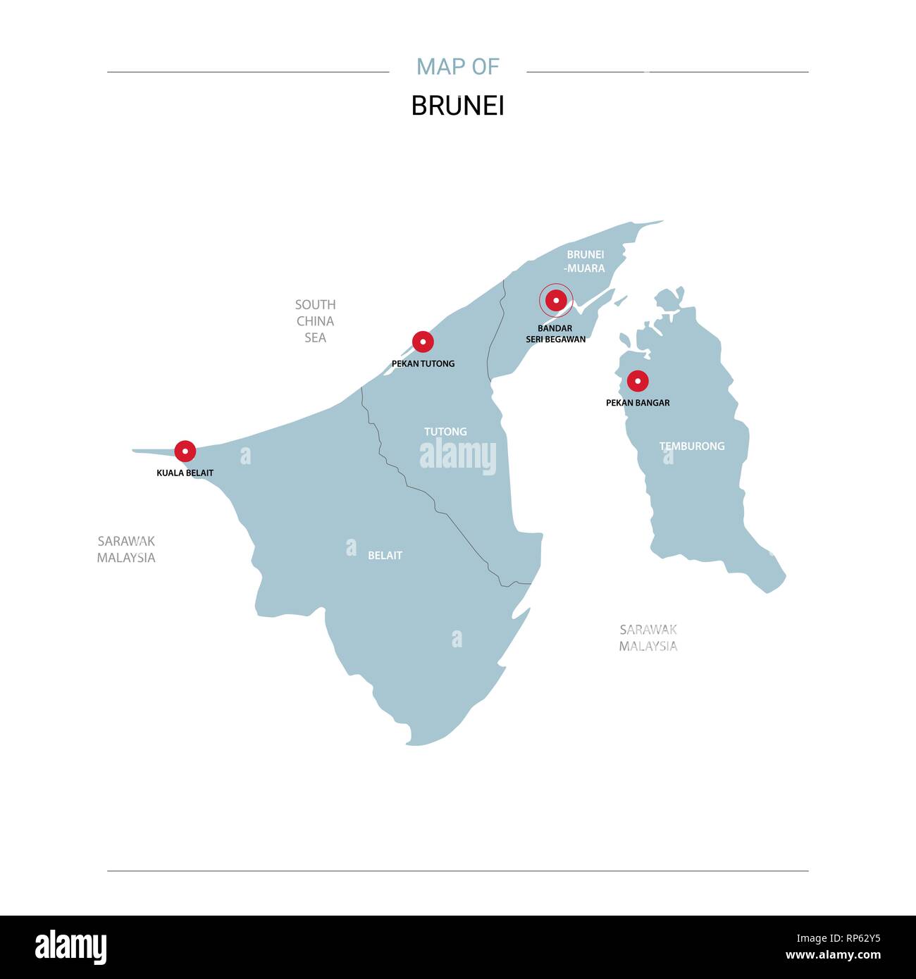 Brunei vector map. Editable template with regions, cities, red pins and ...