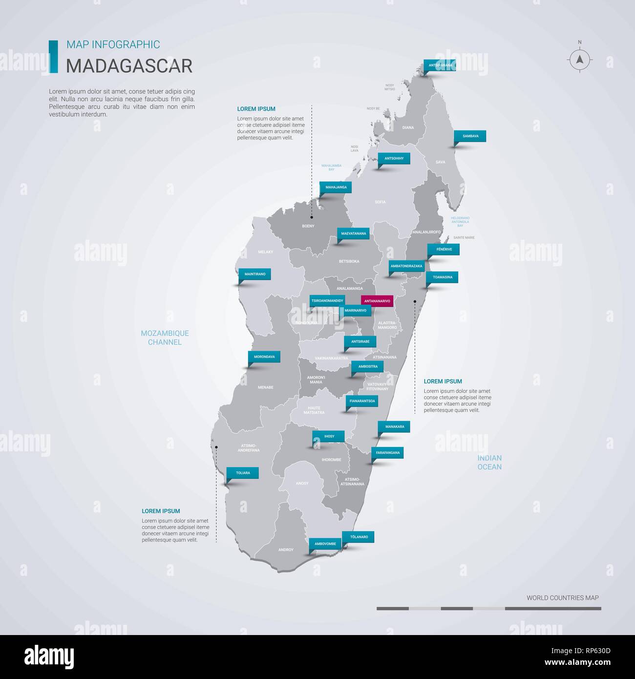 Madagascar vector map with infographic elements, pointer marks ...