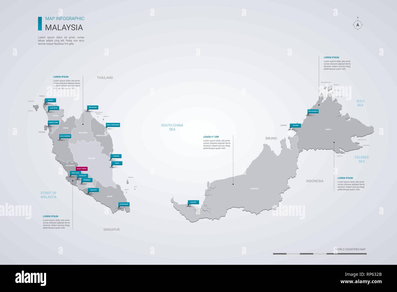 Malaysia vector map with infographic elements, pointer marks. Editable ...