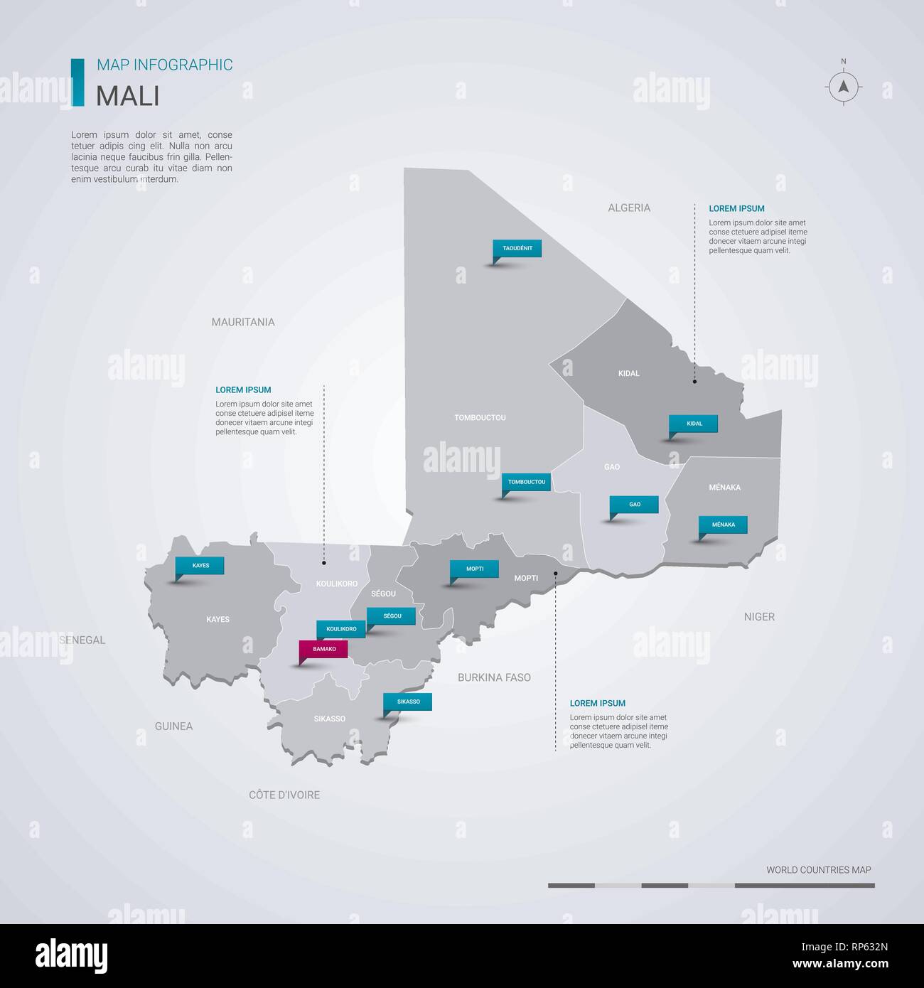 Mali vector map with infographic elements, pointer marks. Editable ...
