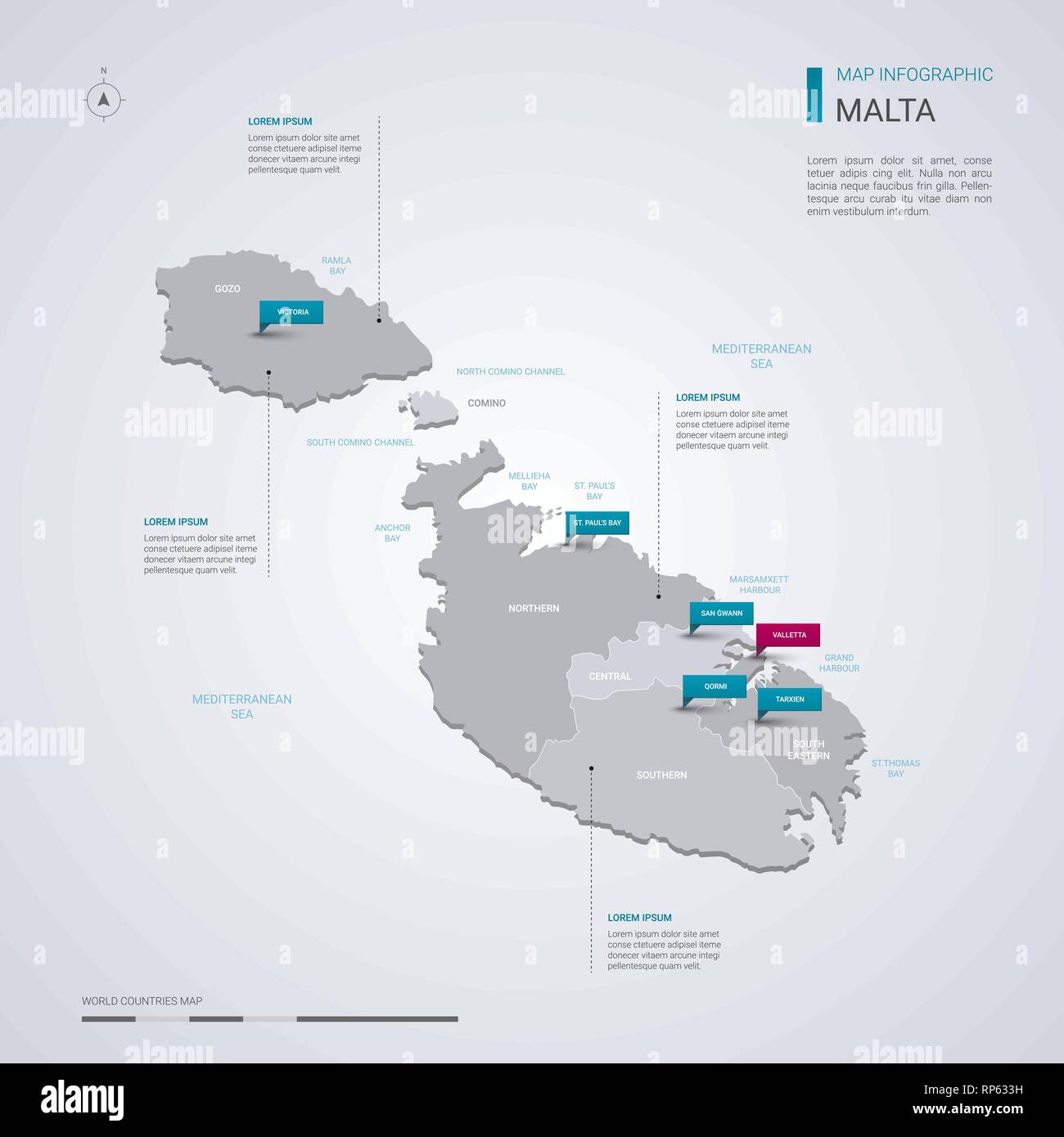 Malta vector map with infographic elements, pointer marks. Editable ...
