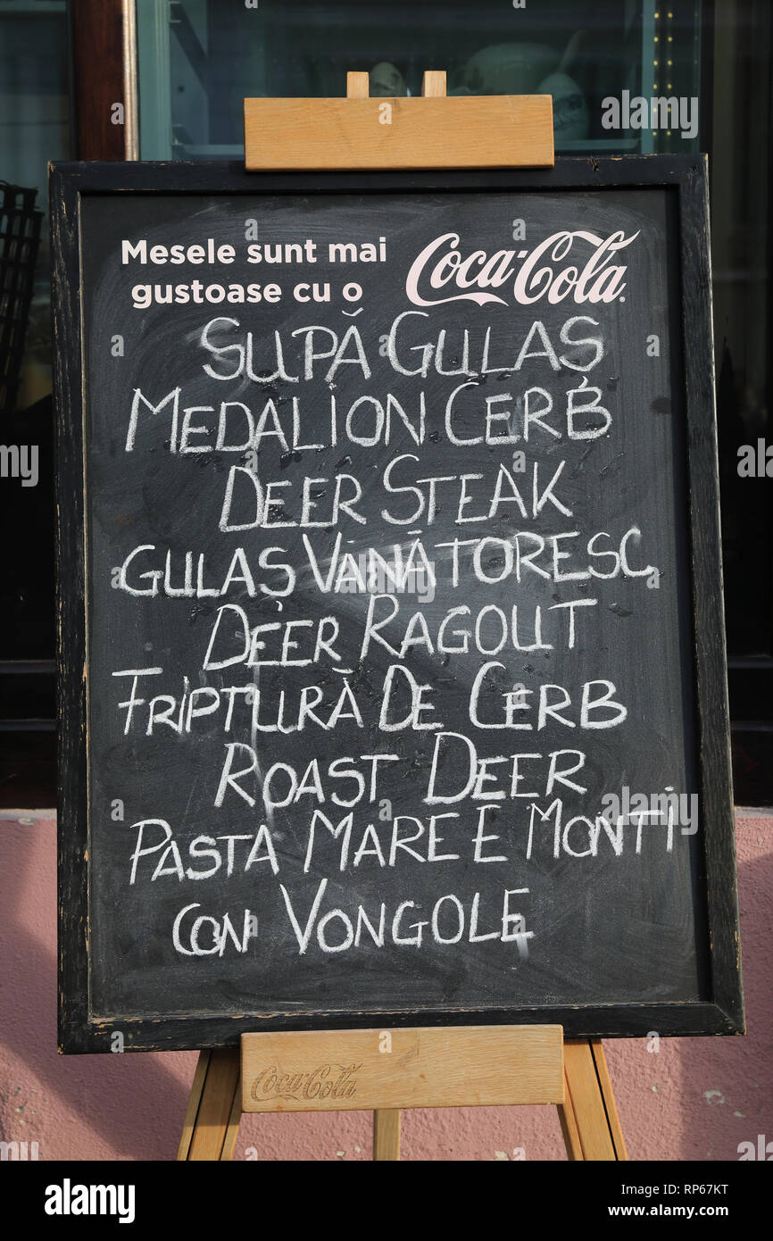 Menus for traditional food at restaurants in central Sibiu, European ...