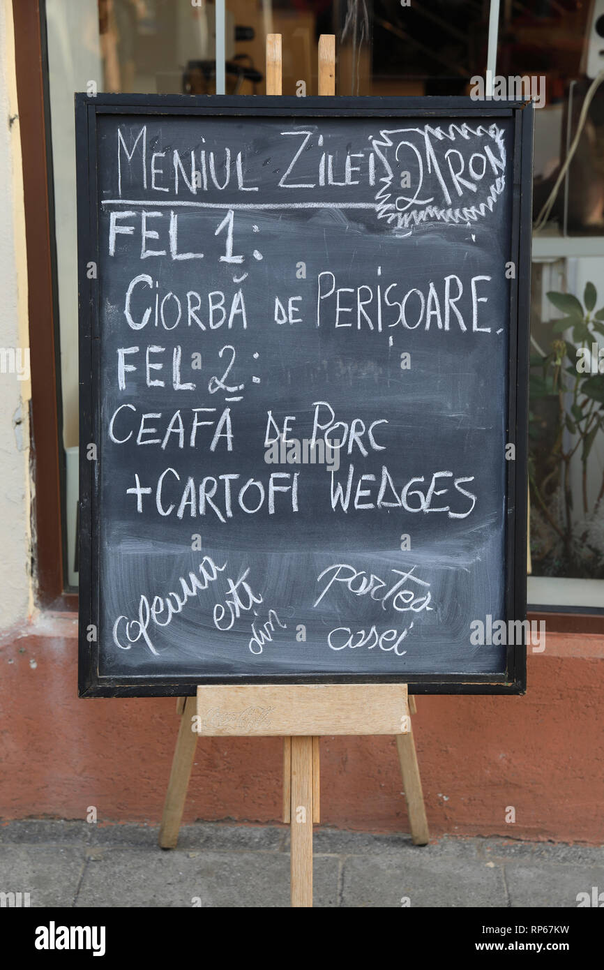 Menus for traditional food at restaurants in central Sibiu, European ...