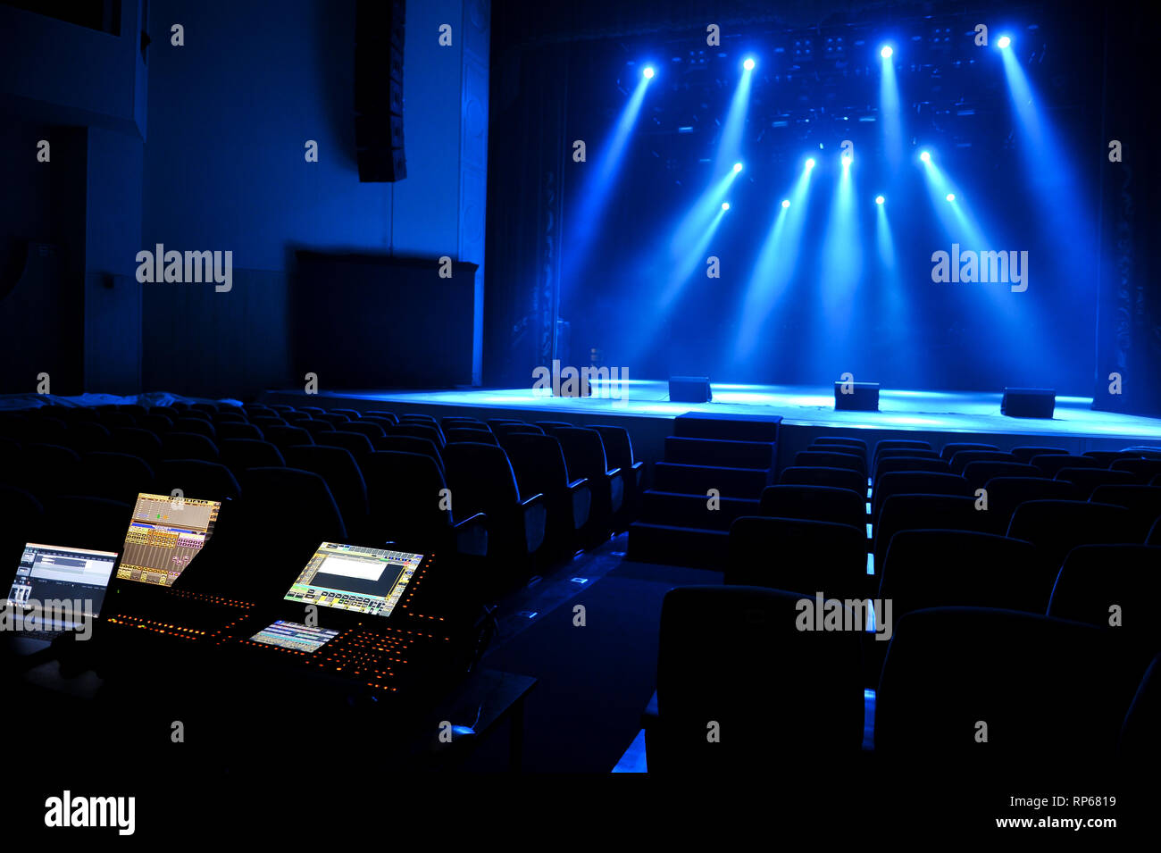 Free stage with lights, lighting devices. Night show Stock Photo - Alamy