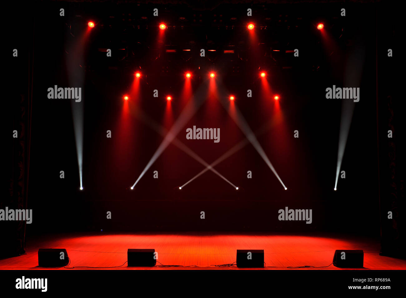 Free stage with lights, lighting devices. Night show Stock Photo - Alamy