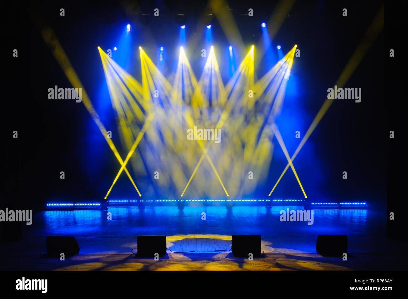Free stage with lights, lighting devices. Night show Stock Photo - Alamy
