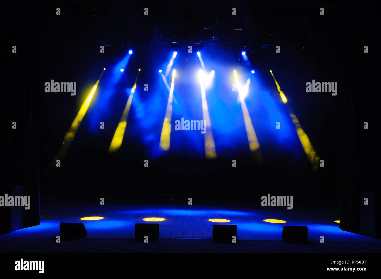 Free stage with lights, lighting devices. Night show Stock Photo - Alamy