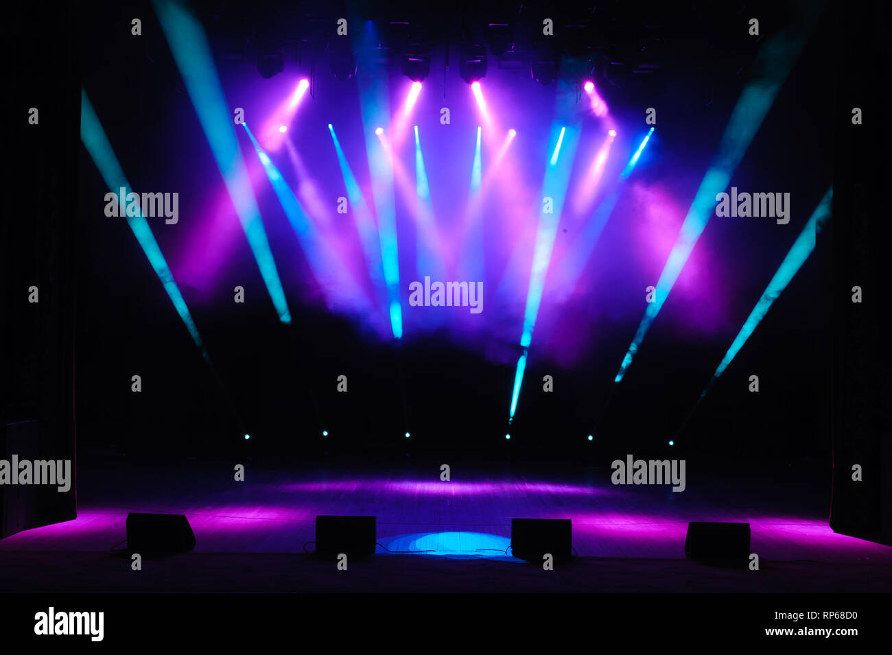 Free stage with lights, lighting devices. Night show Stock Photo - Alamy