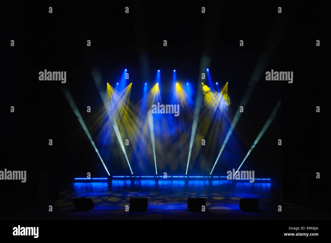 Free stage with lights, lighting devices. Night show Stock Photo - Alamy