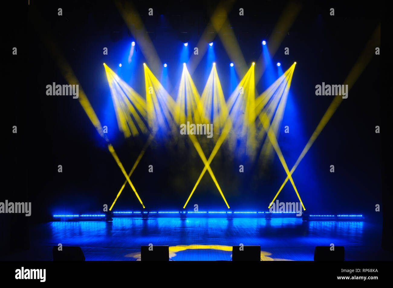 Free stage with lights, lighting devices. Night show Stock Photo - Alamy