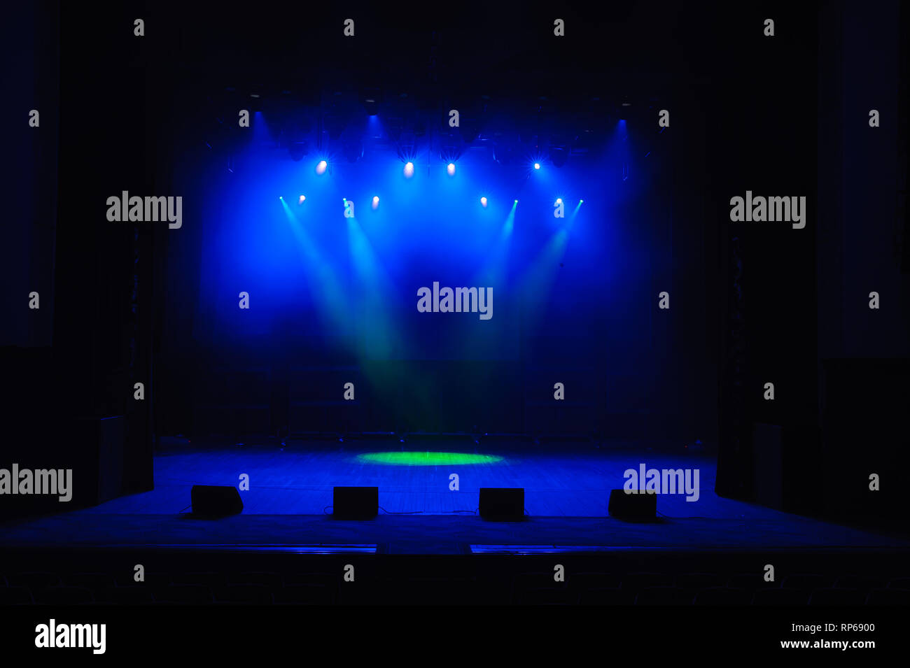 Free stage with lights, lighting devices. Night show Stock Photo - Alamy