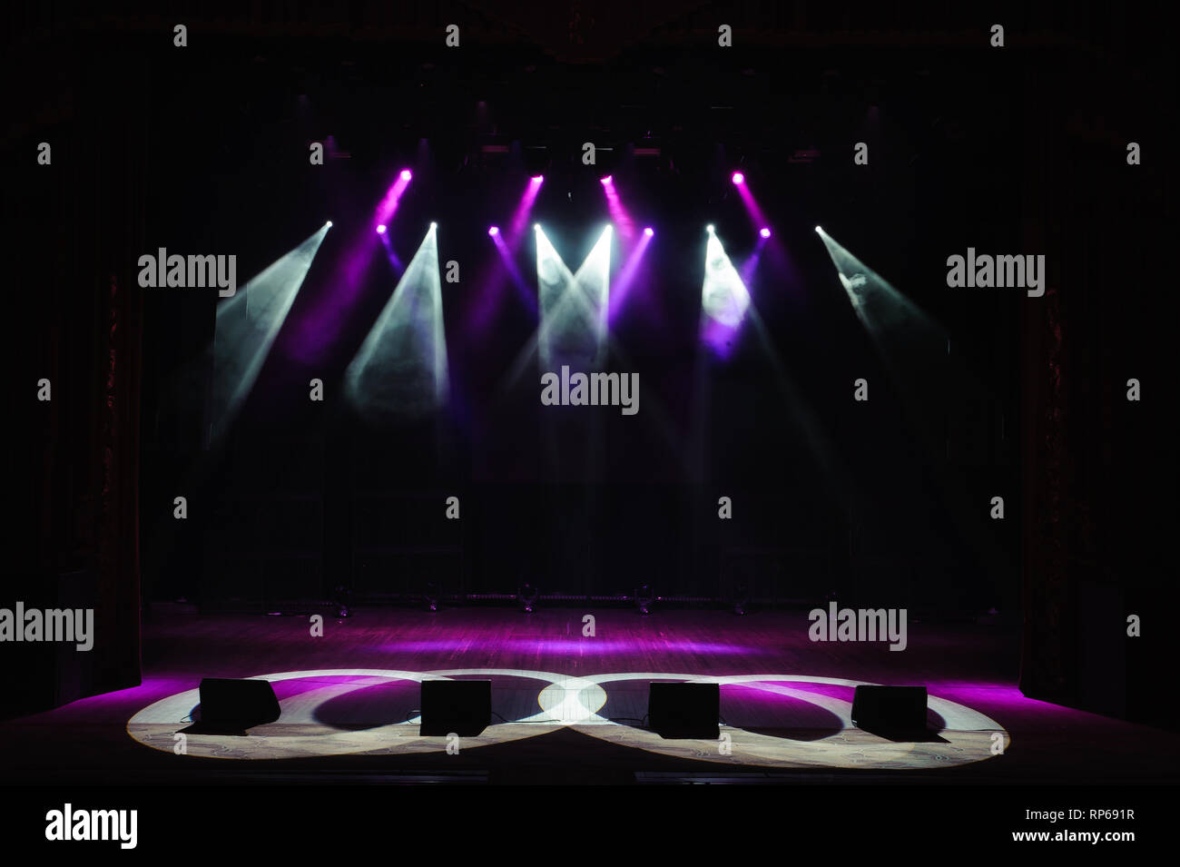 Free stage with lights, lighting devices. Night show Stock Photo - Alamy