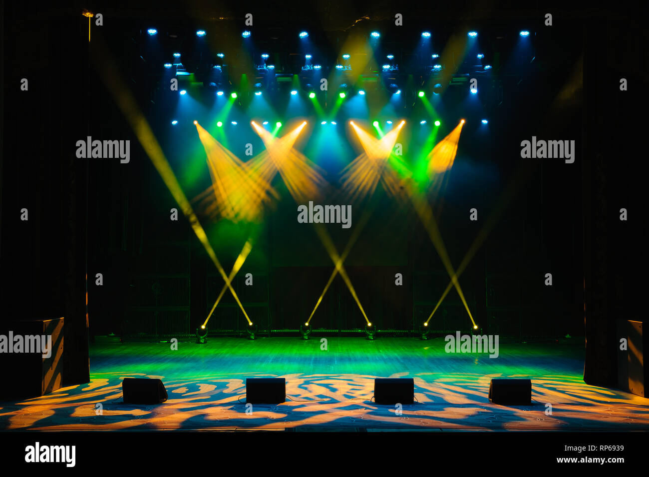 Free stage with lights, lighting devices. Night show Stock Photo - Alamy