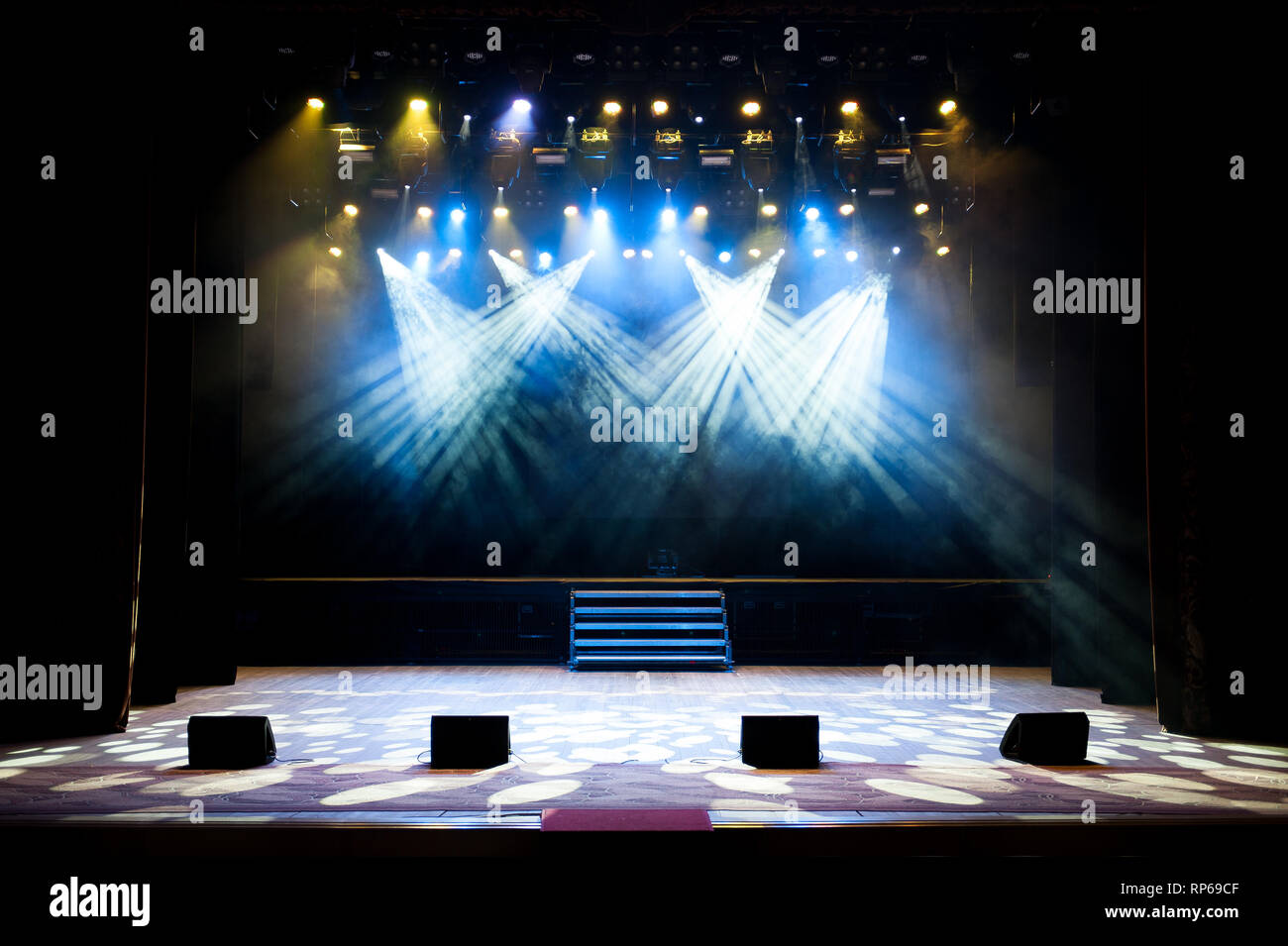 Free stage with lights, lighting devices. Night show Stock Photo - Alamy