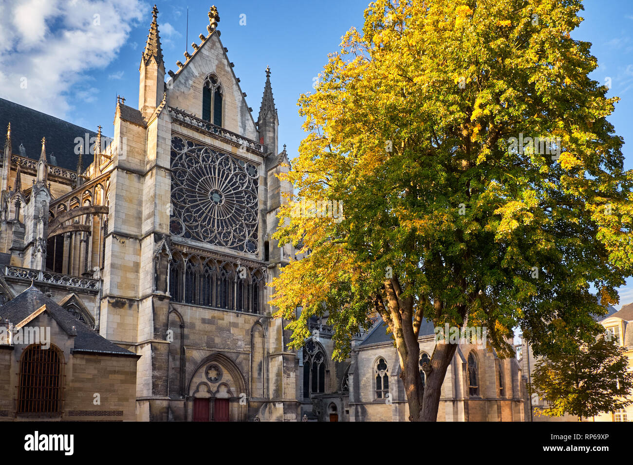 View on the Troyes cathedral with a wind rose on facade, discover ...