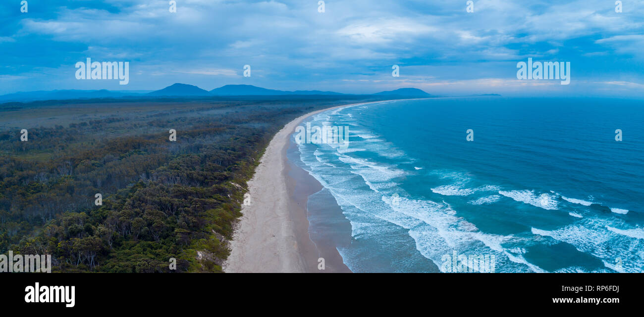 Aerial panorama of Crowdy Bay coastline. Crowdy Head, New South Wales ...