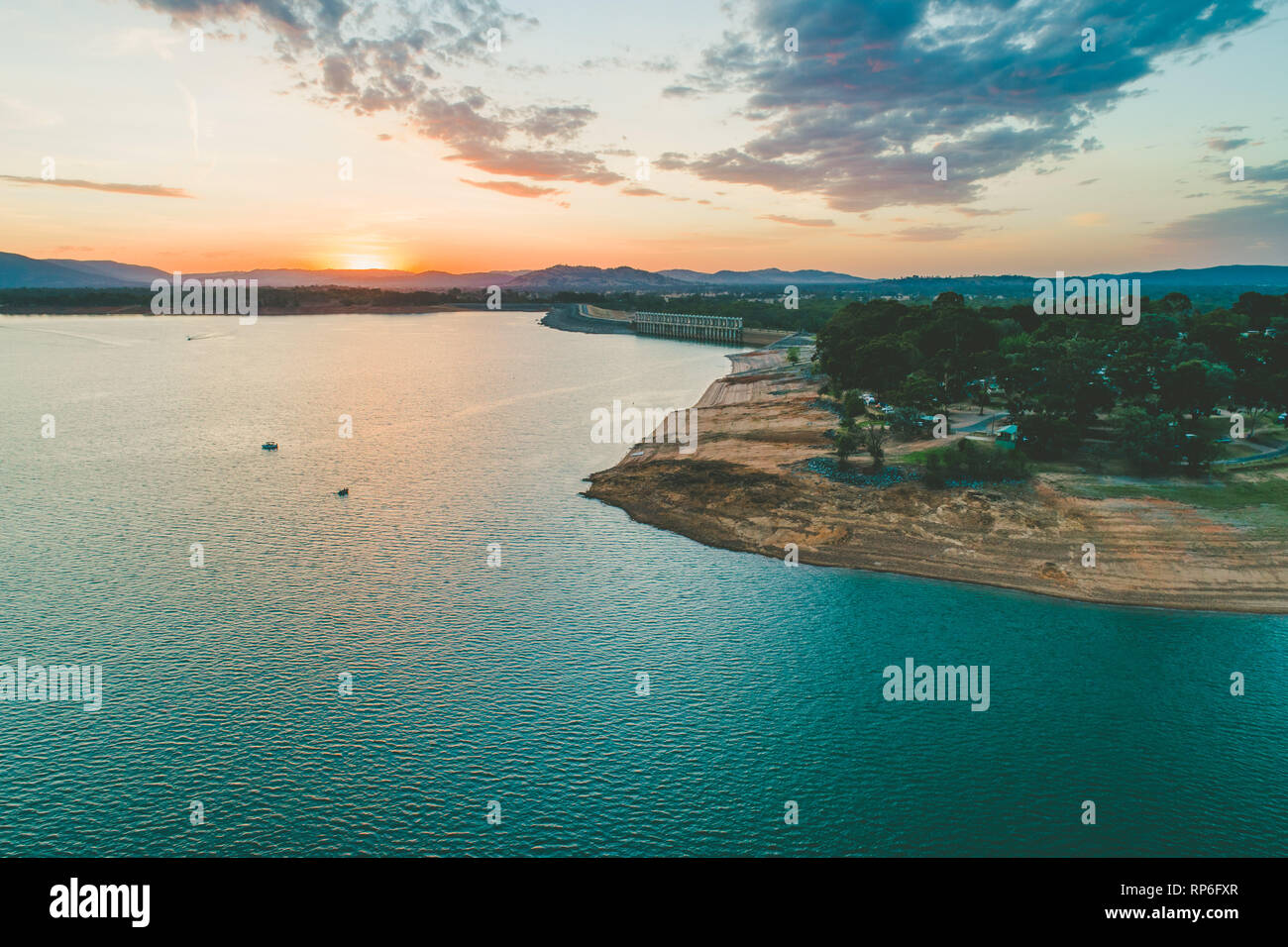 Lake Hume Dam at dusk - aerial landscape with copy space Stock Photo ...