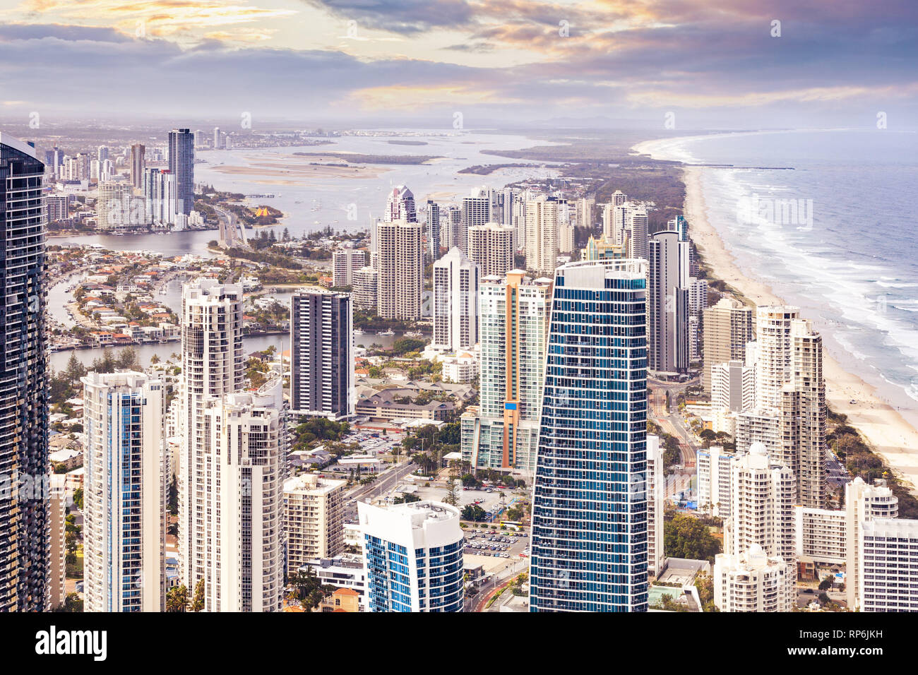 Birds eye view of Gold Coast city and ocean coastline in Queensland ...