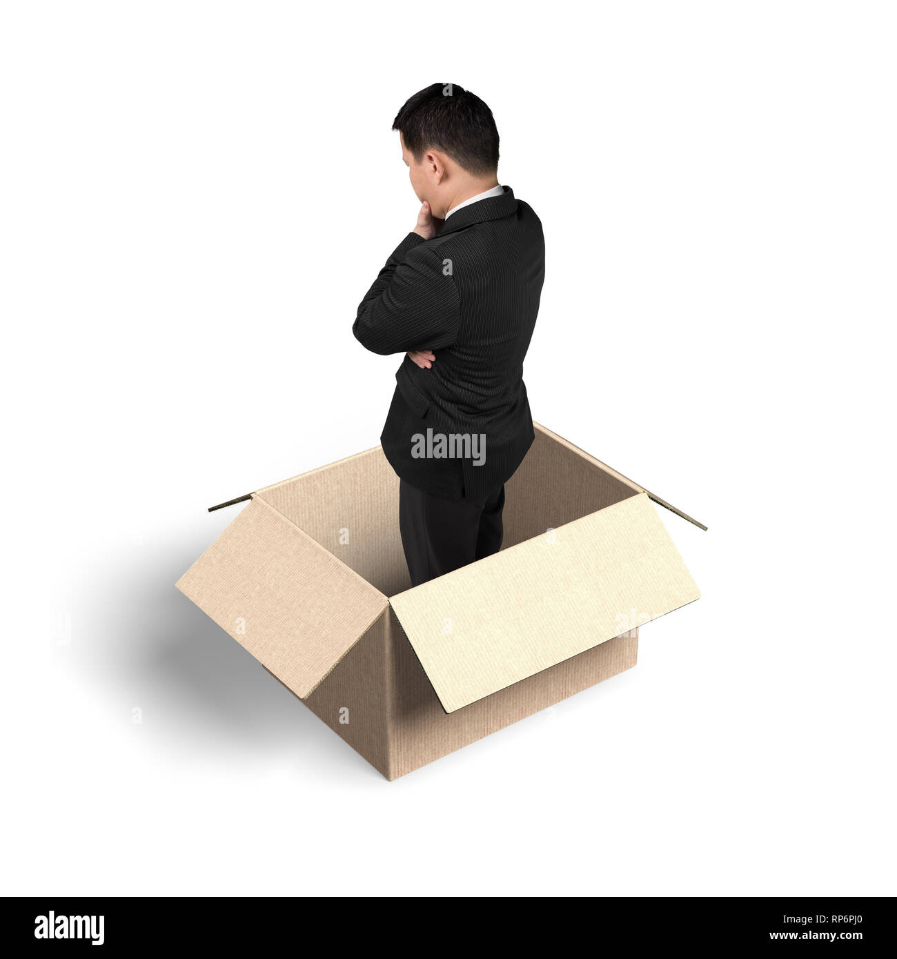 Man thinking in the opened box, isolated on white background Stock ...