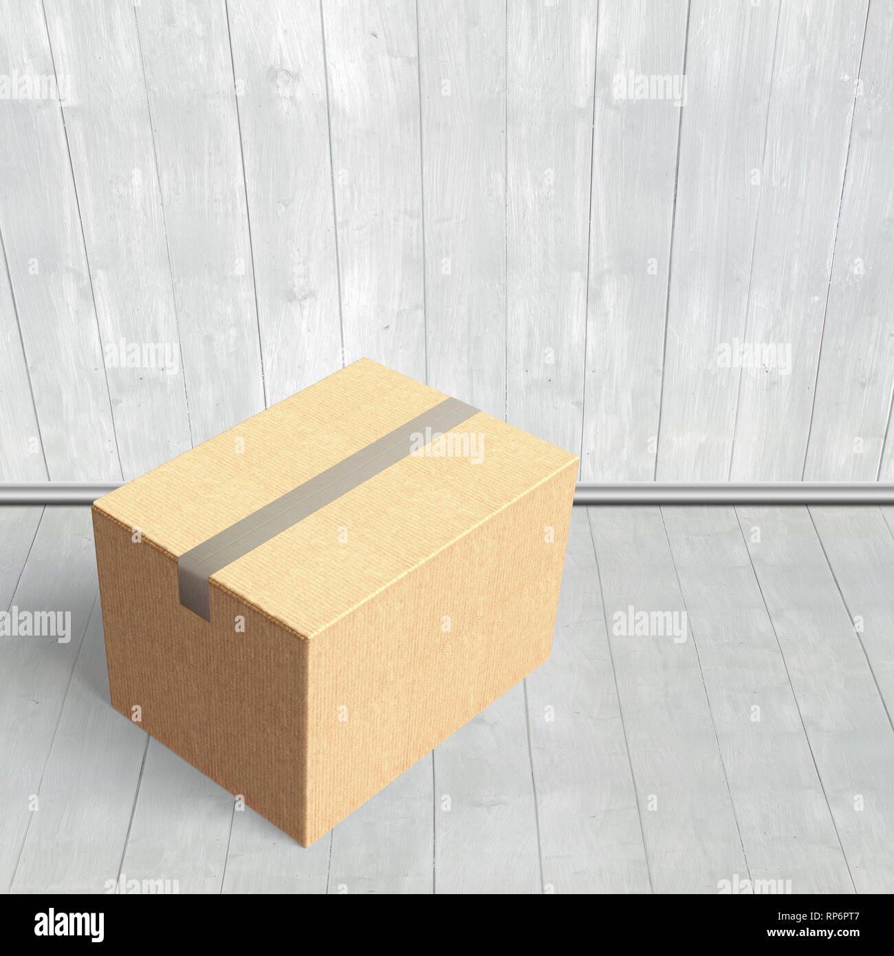 Closed cardboard box, on wooden wall and floor indoors background, high ...