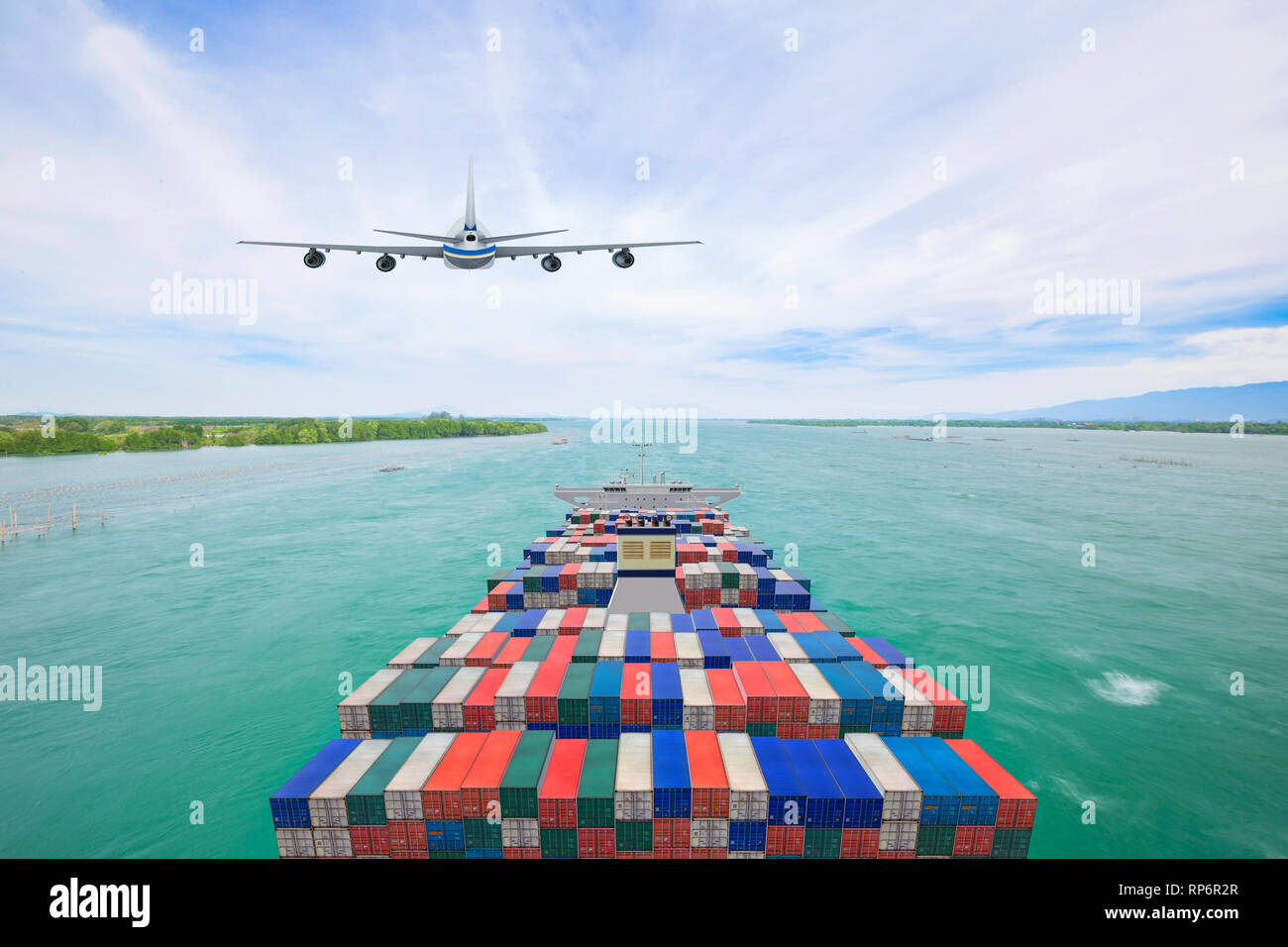Aerial view container cargo ship and commercial plane for transport and ...