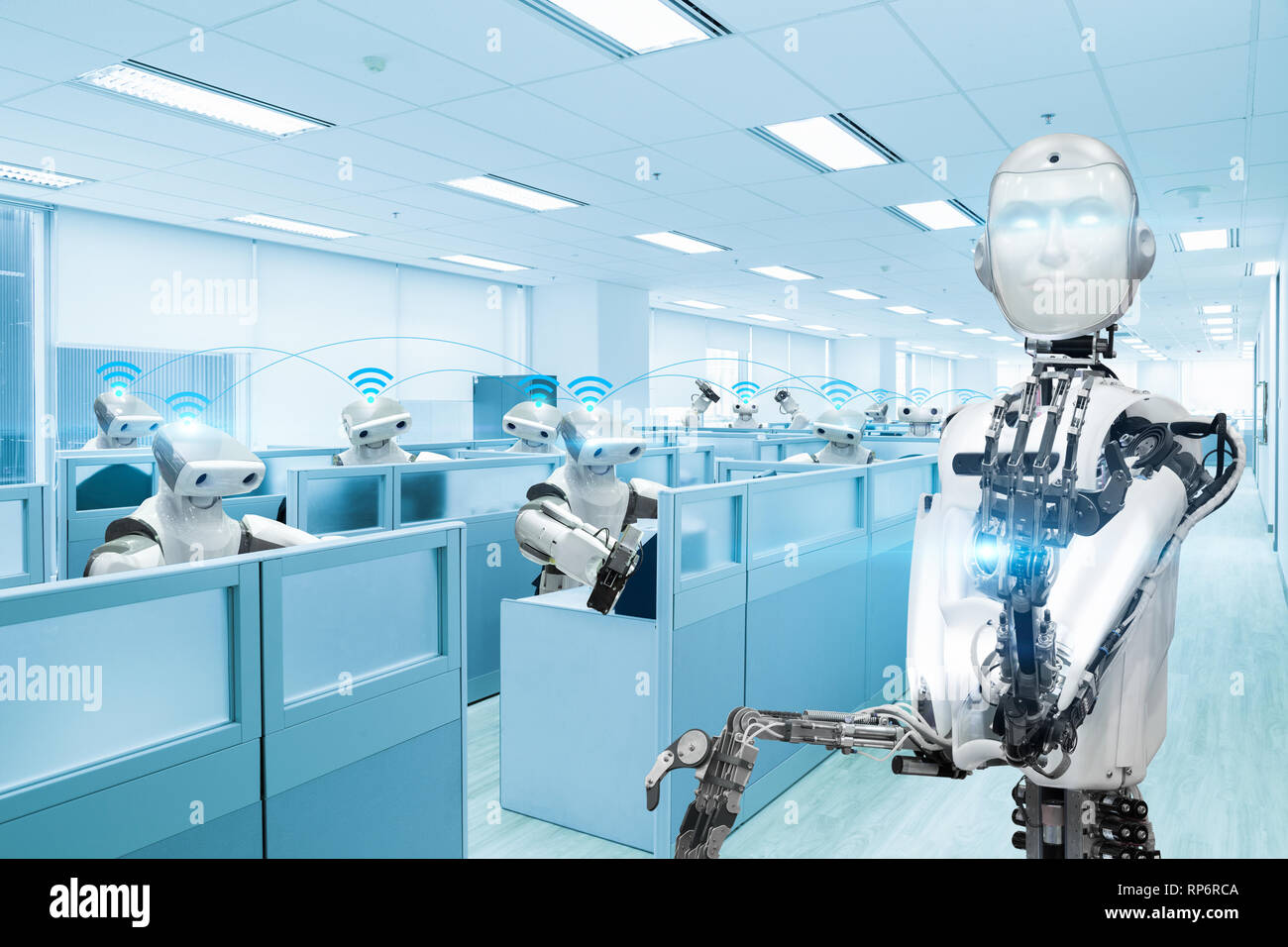 Robot team working in the office, Future technology concept Stock Photo ...