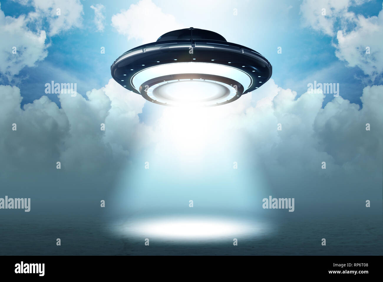 Illustration of flying saucer emitting light - 3d rendering Stock Photo ...