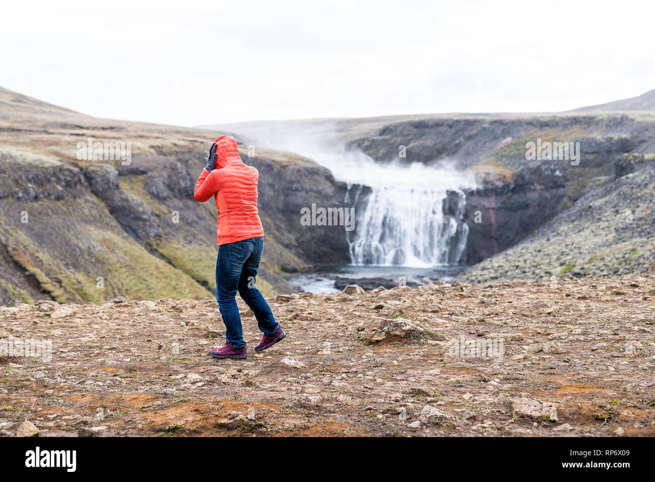 Thorufoss waterfall windy landscape on Golden Circle in Iceland with ...