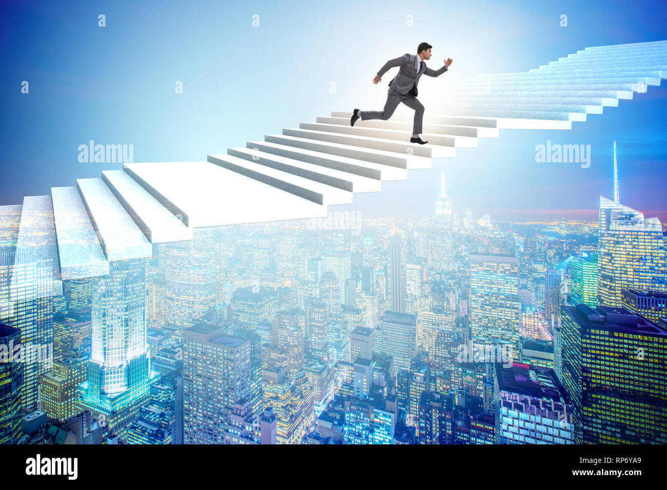 Businessman climbing career ladder over city Stock Photo - Alamy