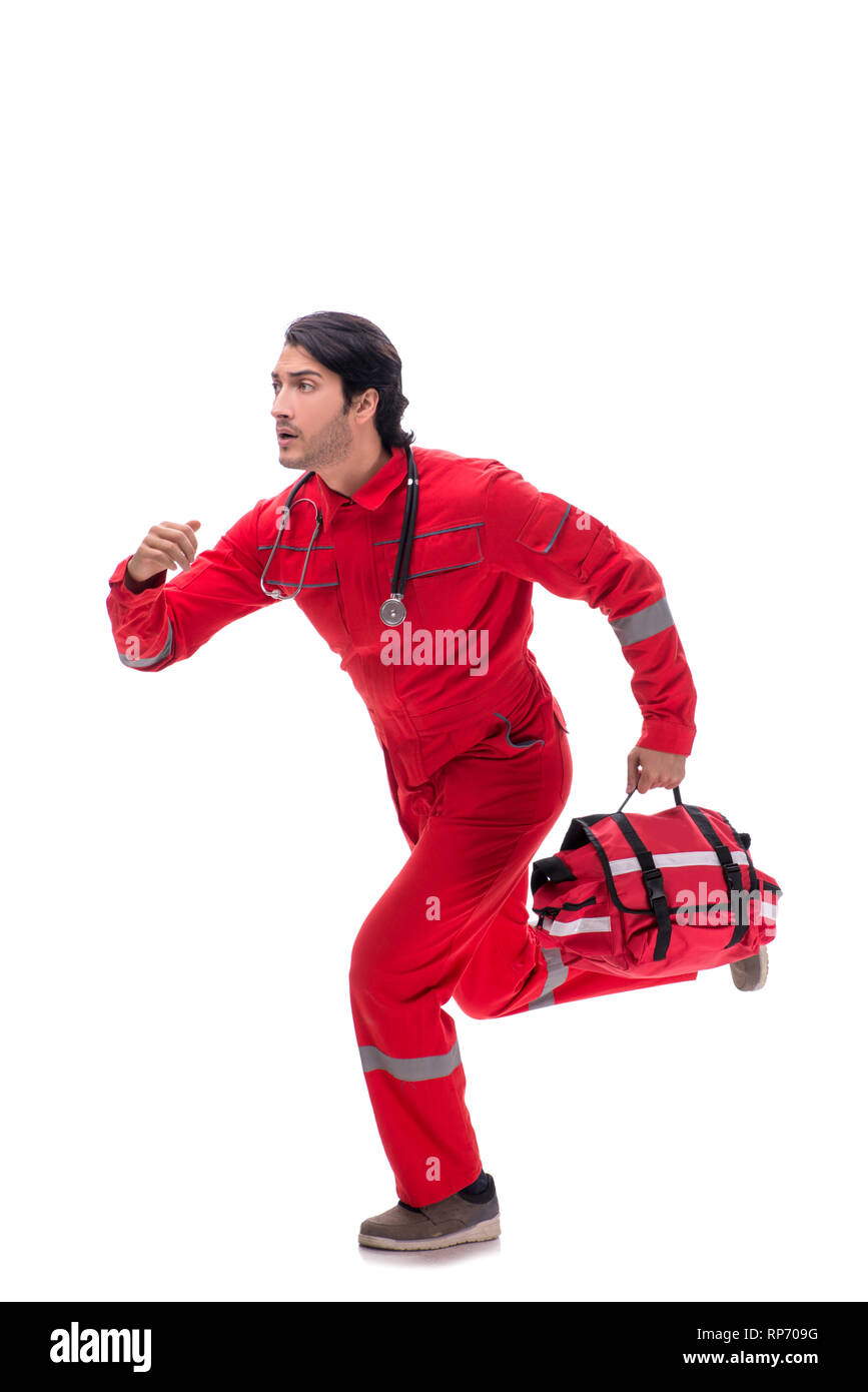 Young paramedic in red uniform isolated on white Stock Photo - Alamy